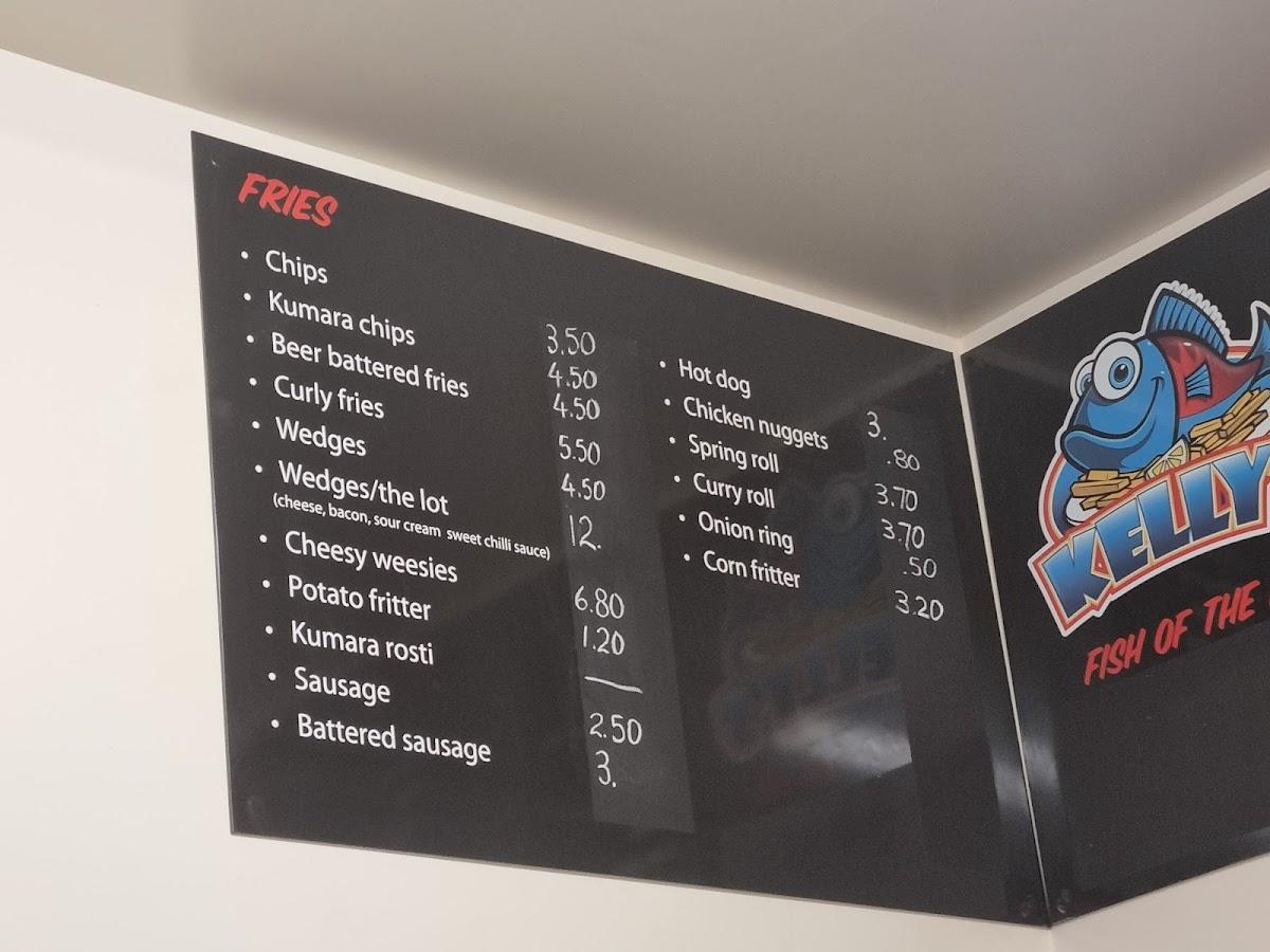 Menu at Kelly's Seafood restaurant, Waihi