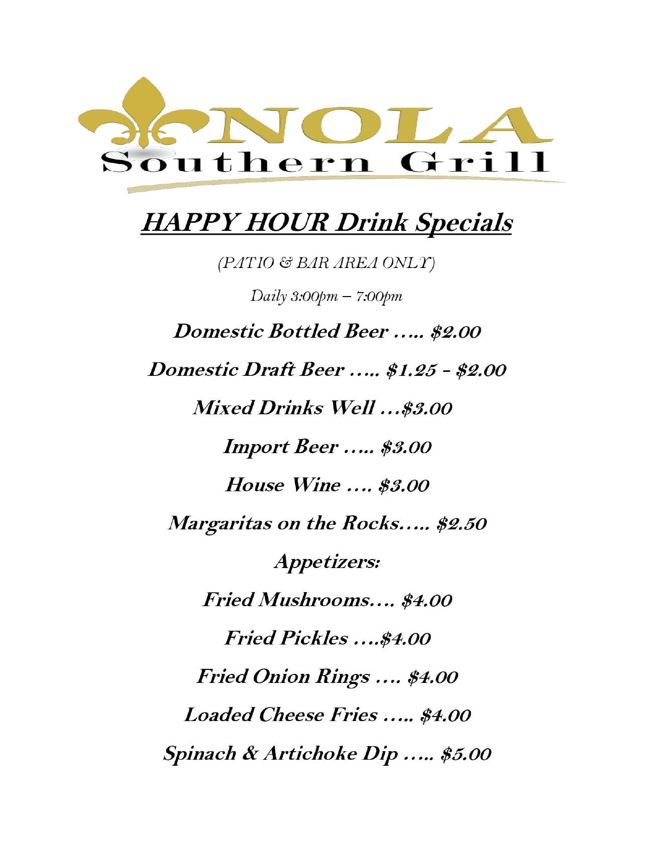 Menu at NOLA Southern Grill restaurant, Slidell
