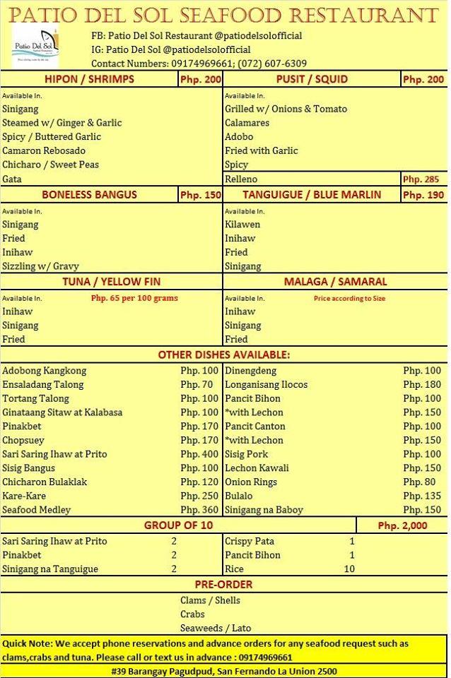 Menu at Patio del Sol Seafood Restaurant, San Fernando