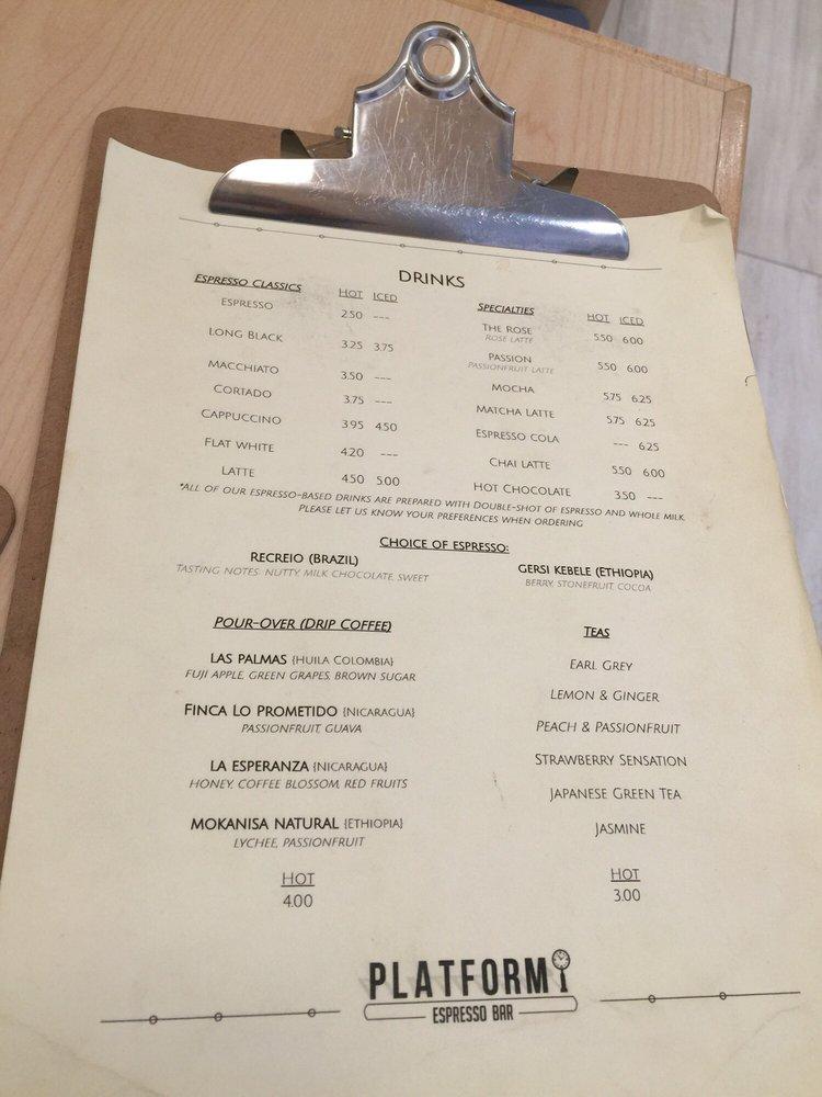 Menu at Platform Espresso Bar, Markham