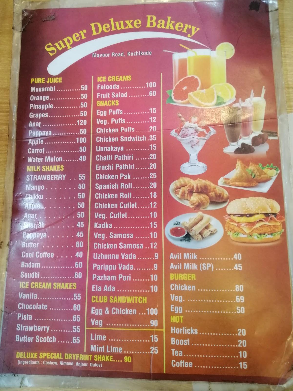 Menu at Super deluxe bakery, Kozhikode