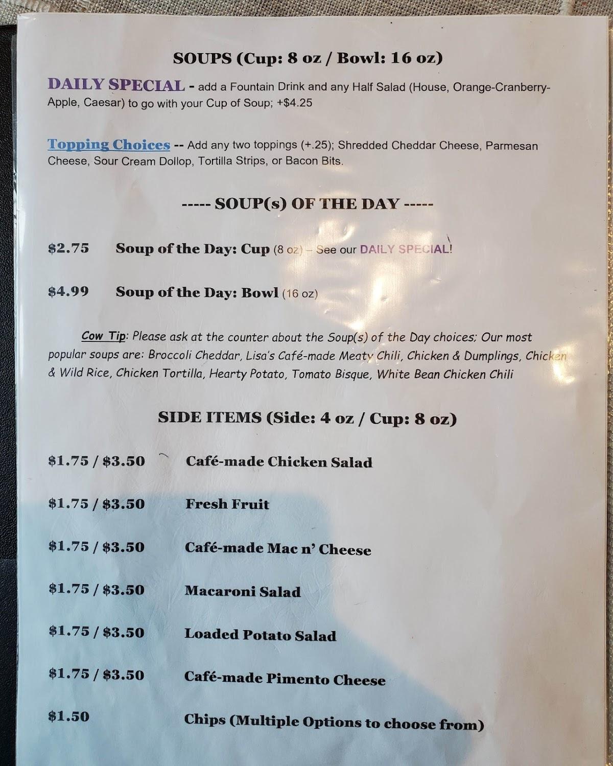 Menu at The Cozy Cow cafe, Huntsville