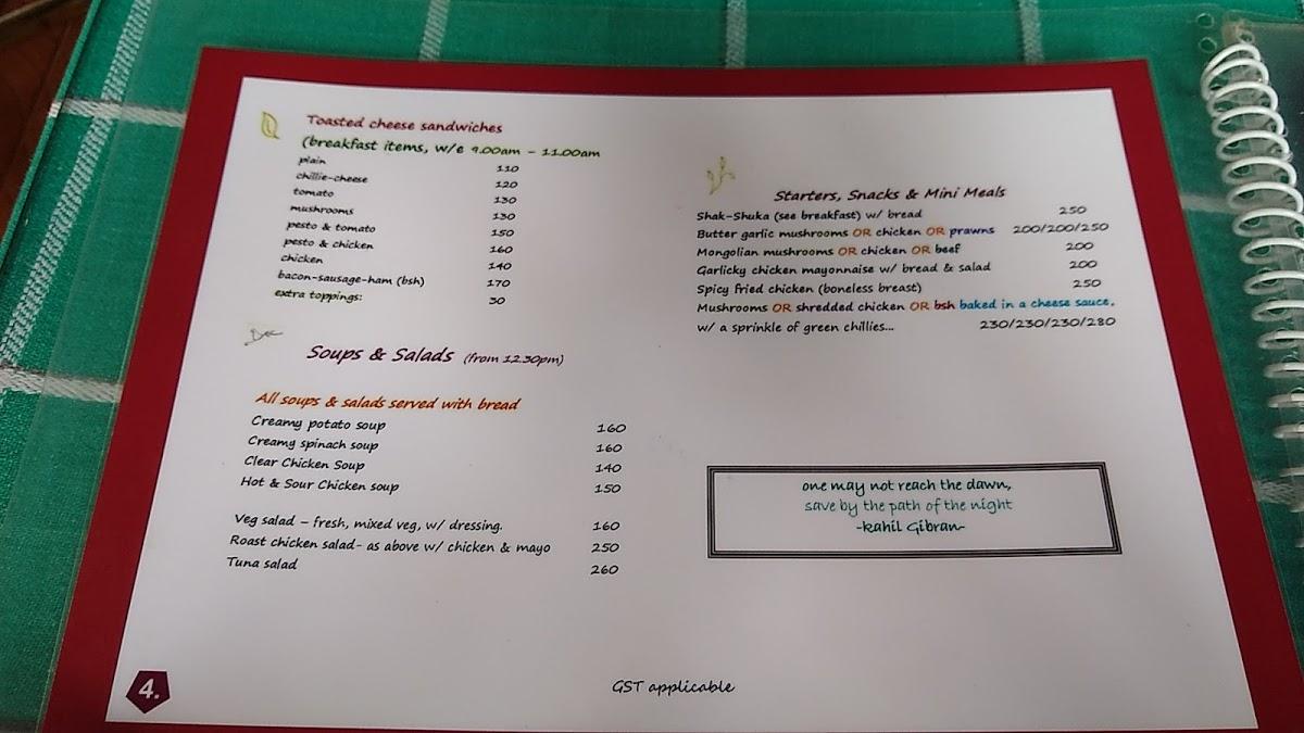 Menu at Cloud Cafe, Kodaikanal