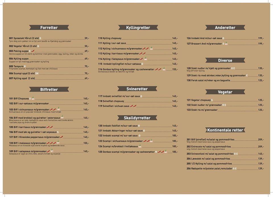 Menu at Freyborgstua restaurant, Norway