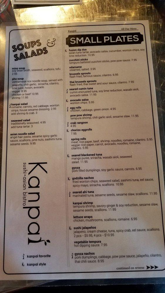Menu at Kanpai restaurant, Evansville