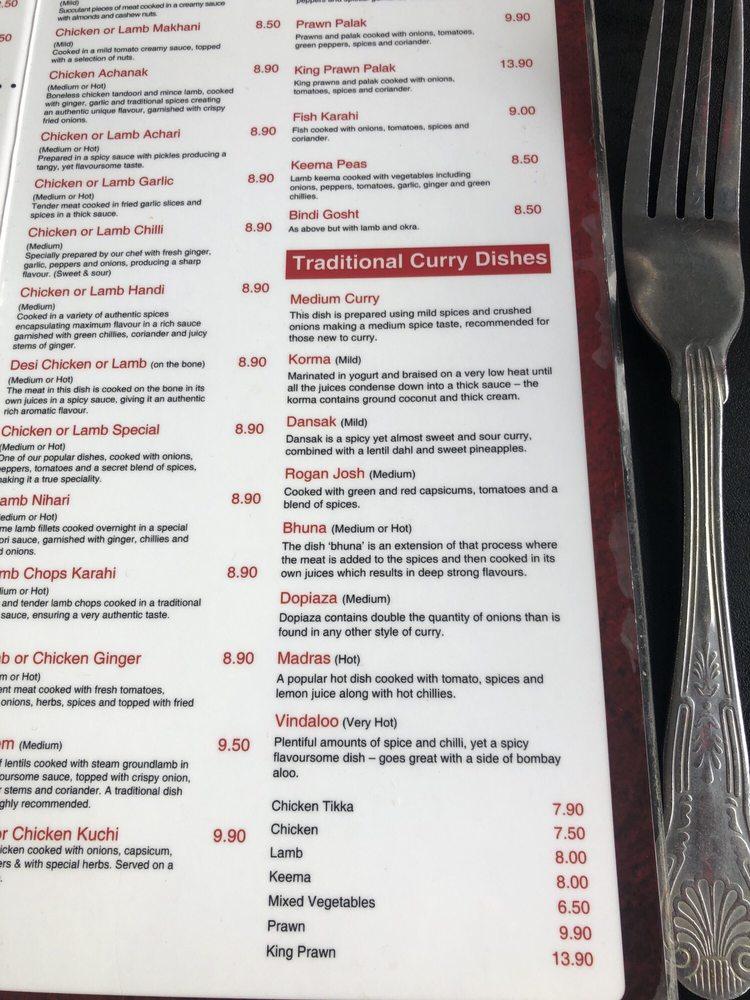 Menu at Lal Qila restaurant, Manchester