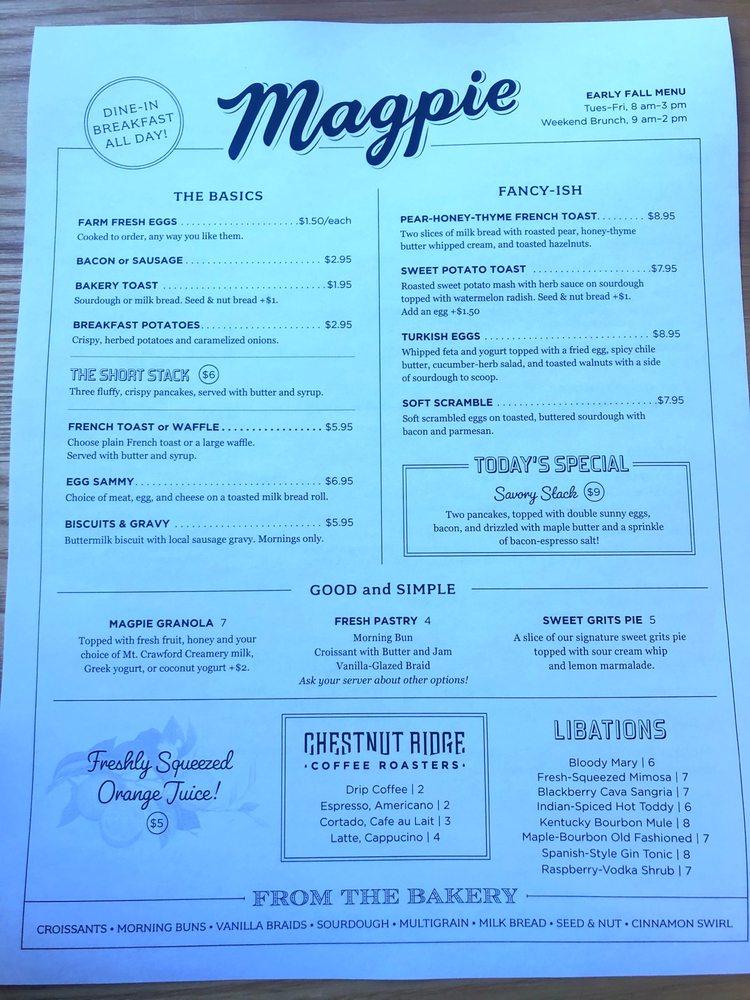 Menu at Magpie Diner restaurant, Harrisonburg