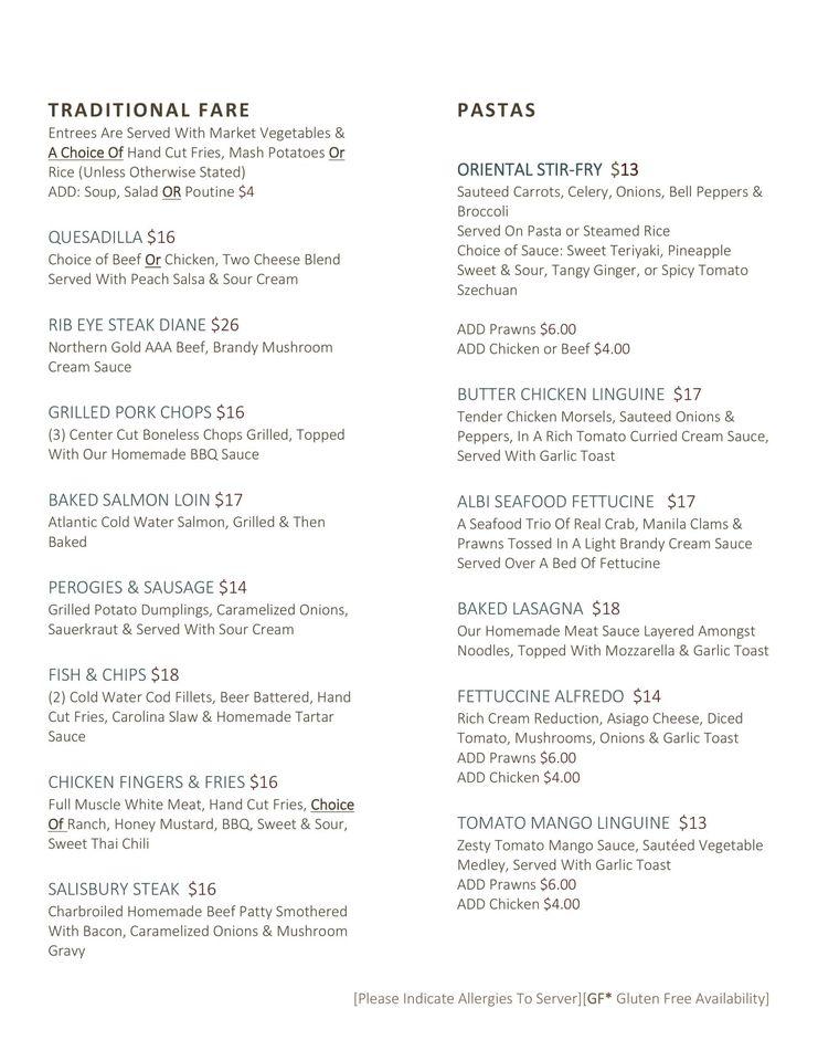 Menu at Mitchell's Cafe, Wetaskiwin