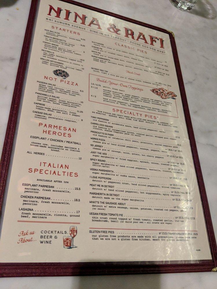 Menu at Nina & Rafi pizzeria, Atlanta