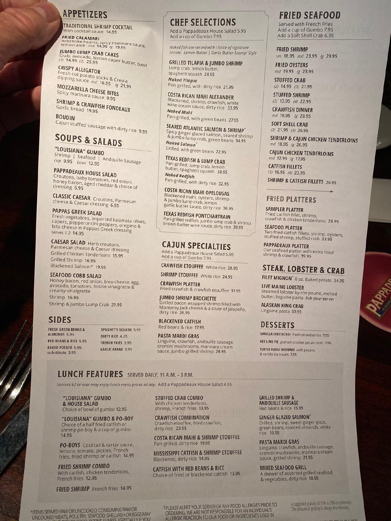 Menu at Pappadeaux Seafood Kitchen pub & bar, Alpharetta