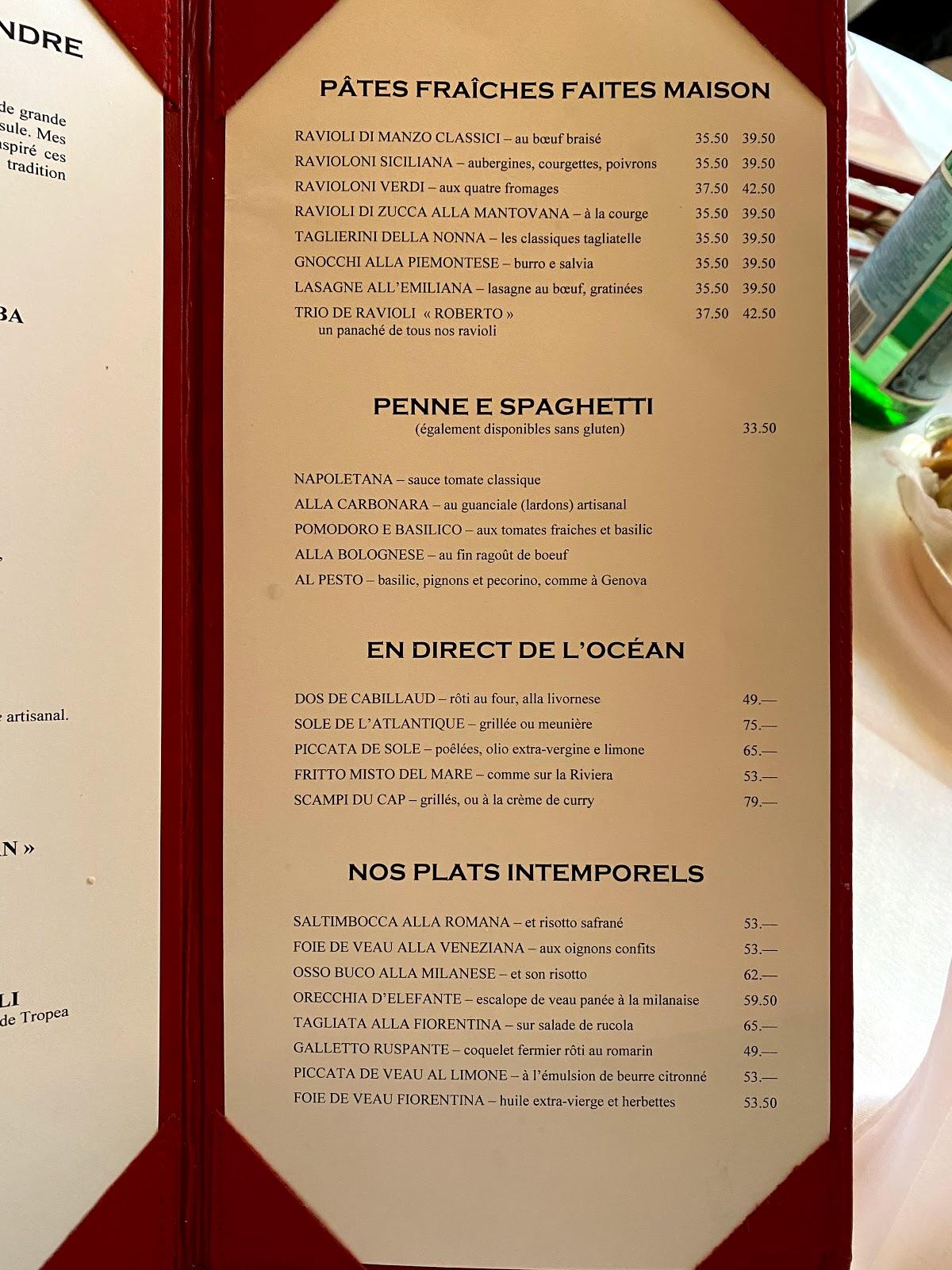 Menu at Roberto, Geneva, Rue Pierre-Fatio 10