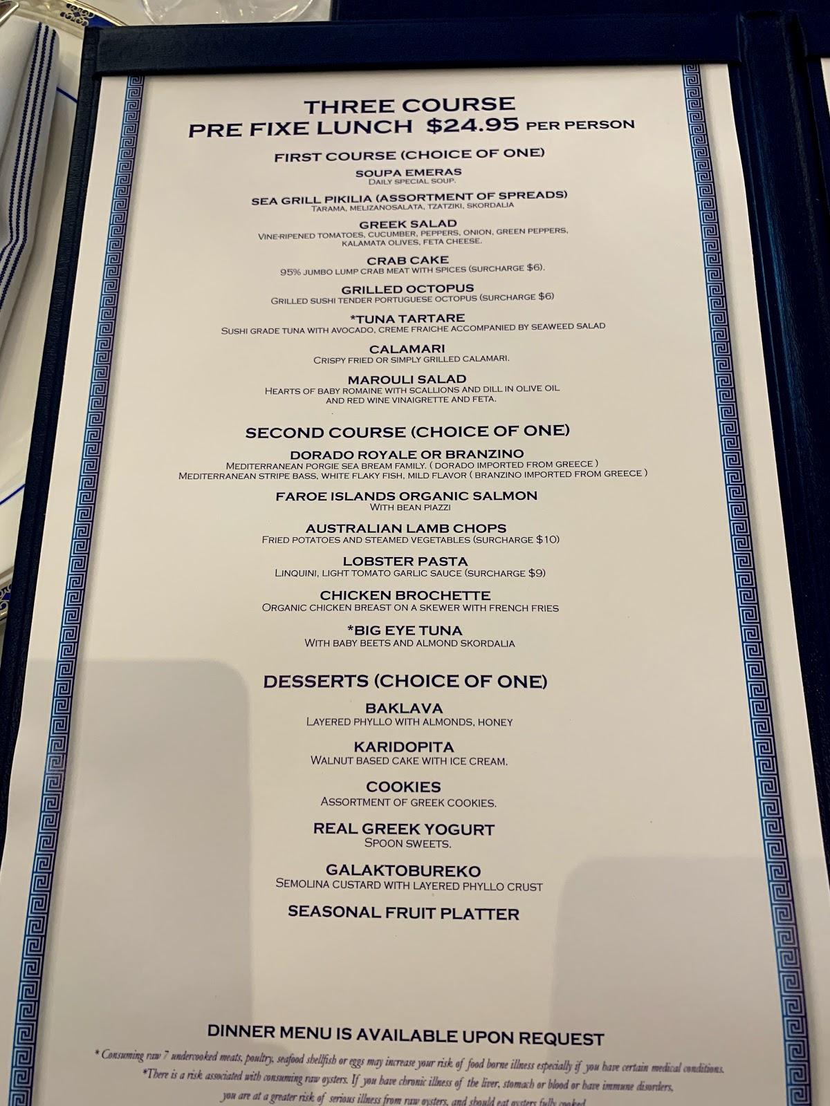 Carta del restaurante Sea Grill, Coral Gables