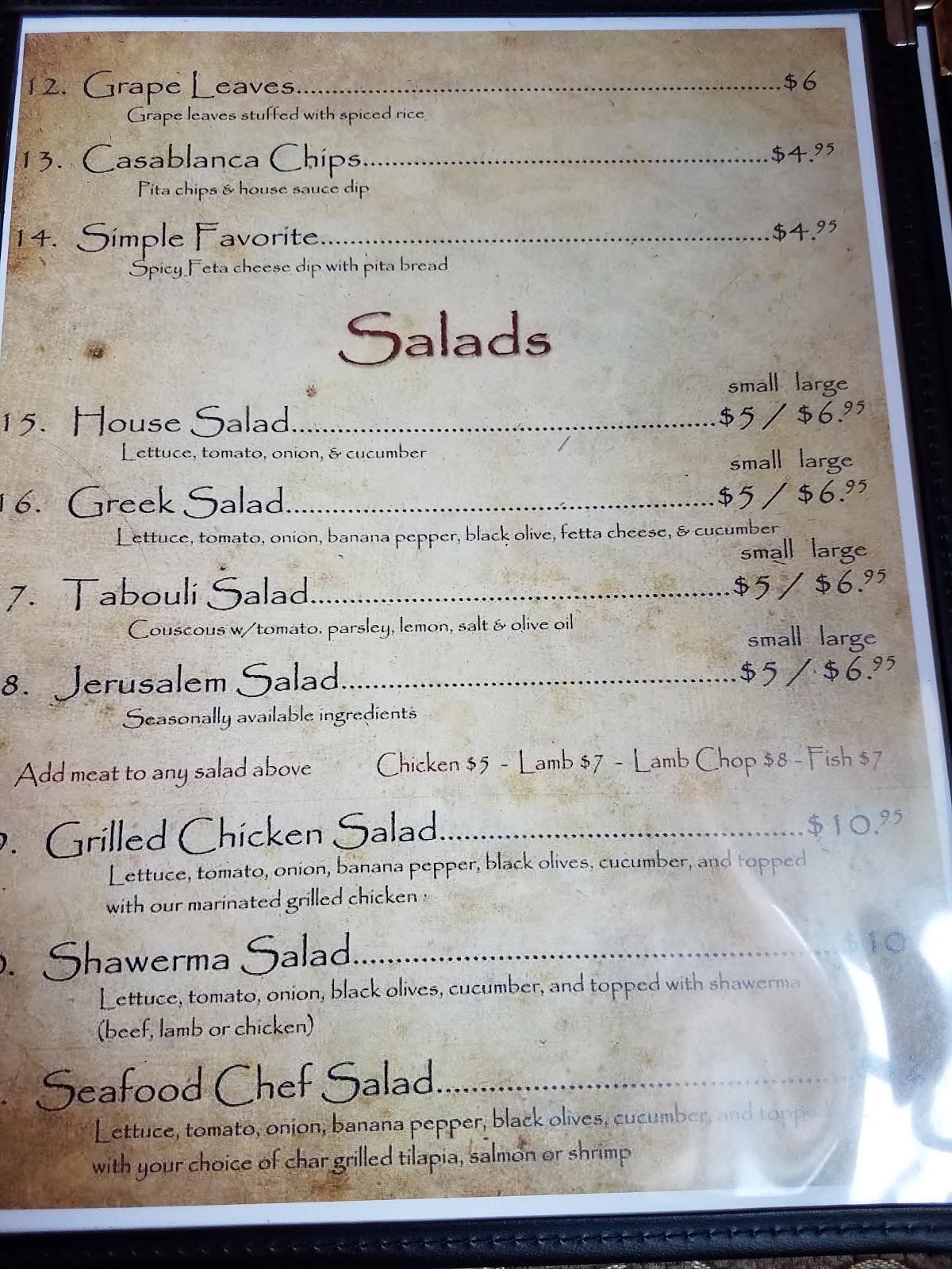 Menu at Casablanca @ Madison restaurant, Memphis, Madison Ave #103