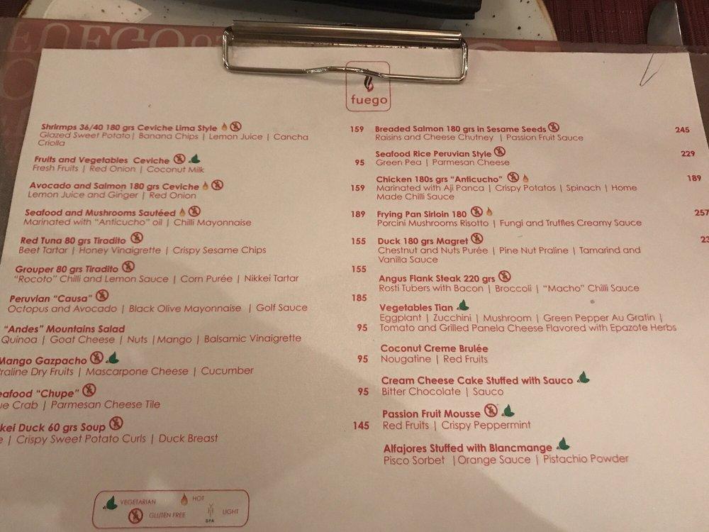 Menu at Fuego restaurant, Cancún
