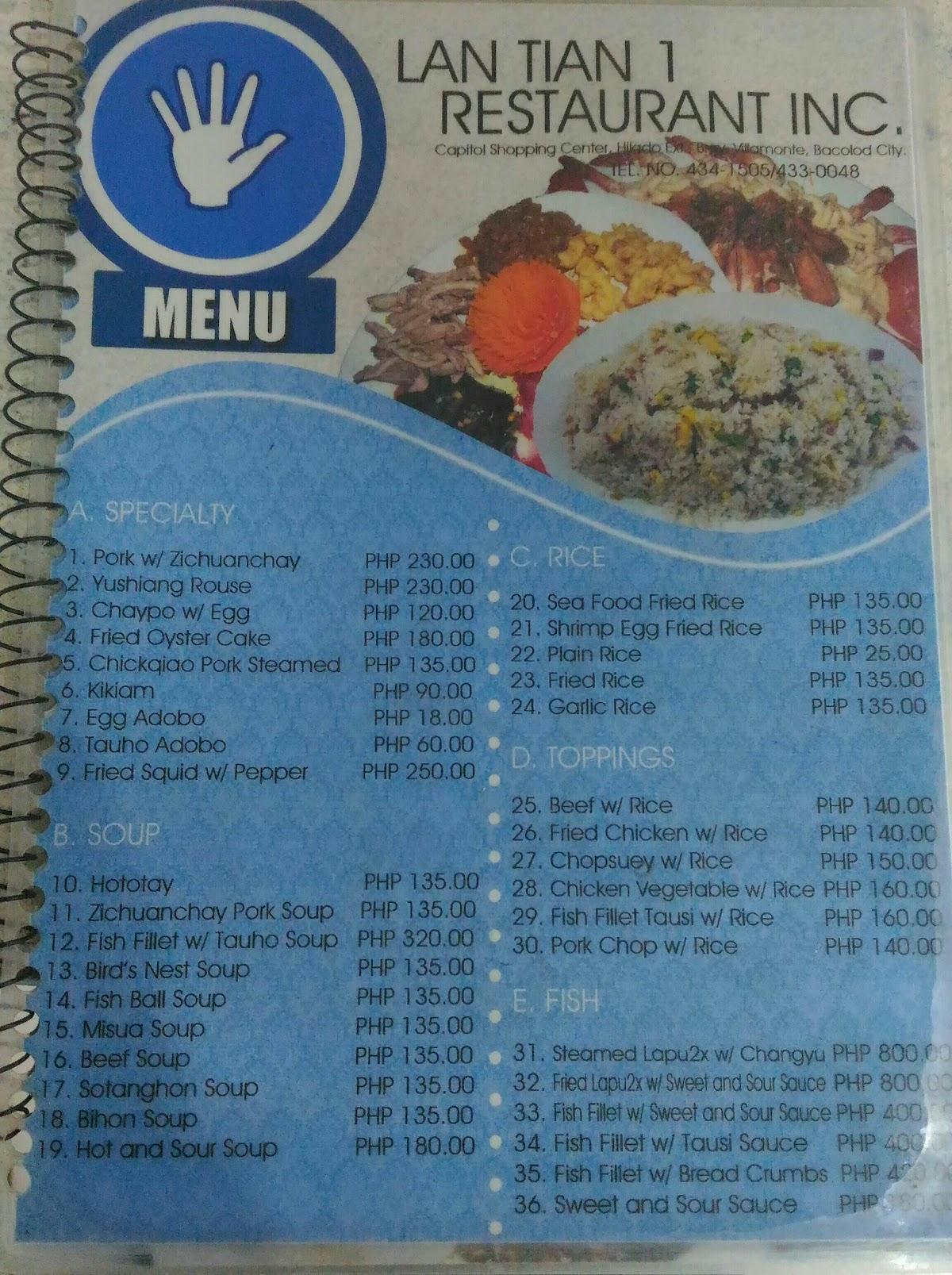 Menu at Lan Tien Restaurant, Bacolod