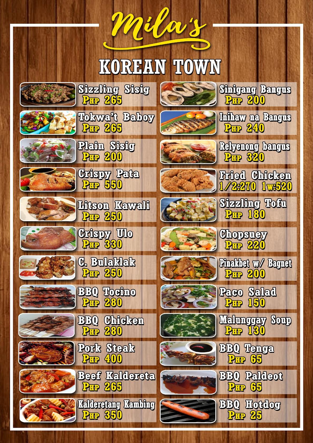 Menu at Mila's Tokwa't Baboy - Korean Town restaurant, Angeles