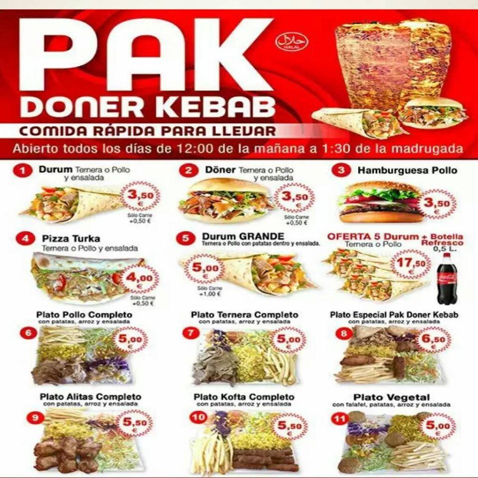 Menu at Pak Doner Kebab Las Norias restaurant, Las Norias de Daza