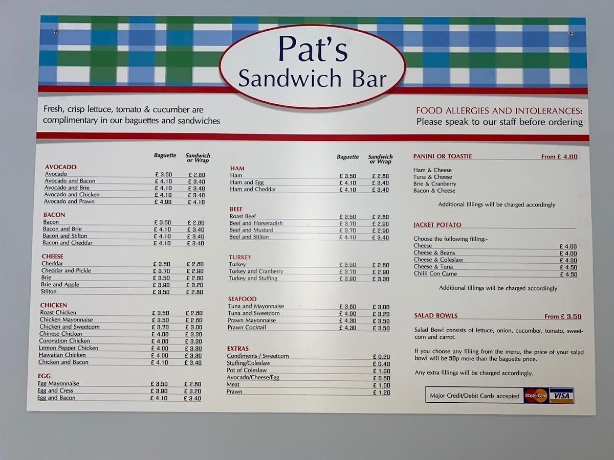 Menu at Pat's Sandwich Bar, Eastleigh