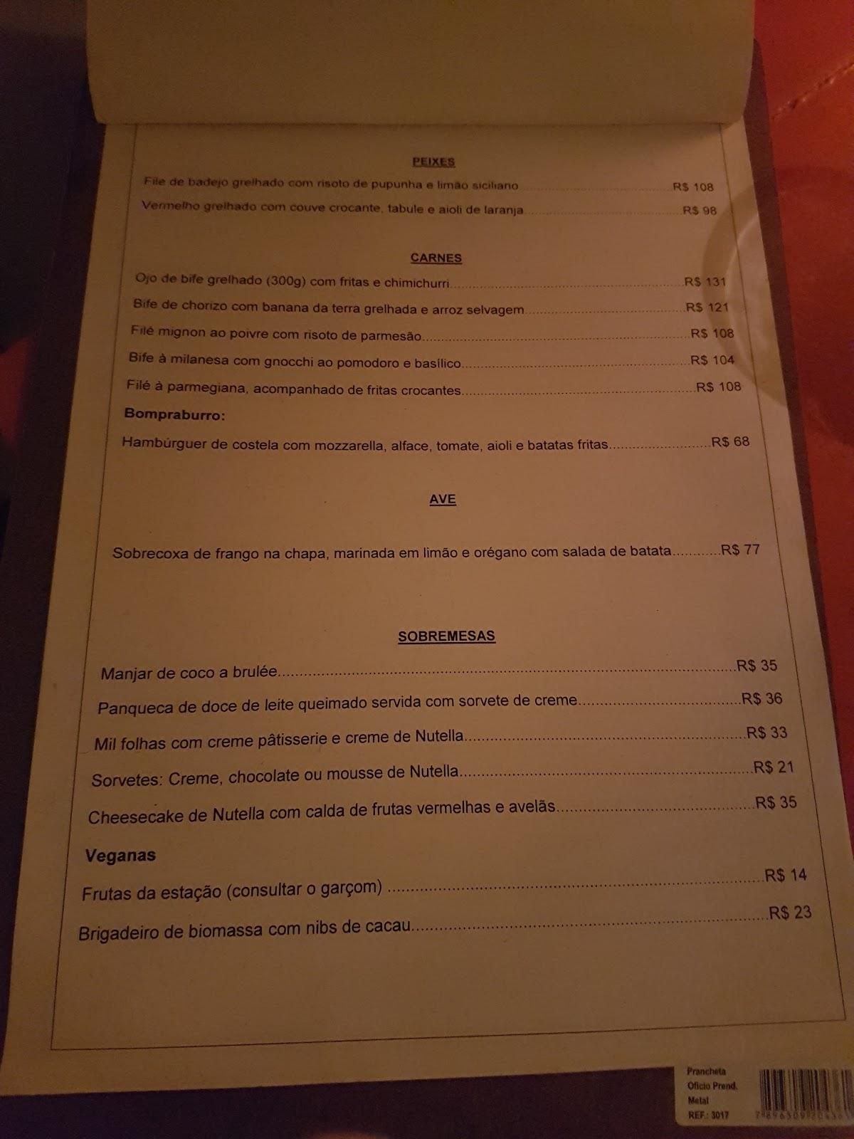 Menu em Restaurante Jacaré do Brasil, Trancoso, Rua Carlos Alberto Parracho