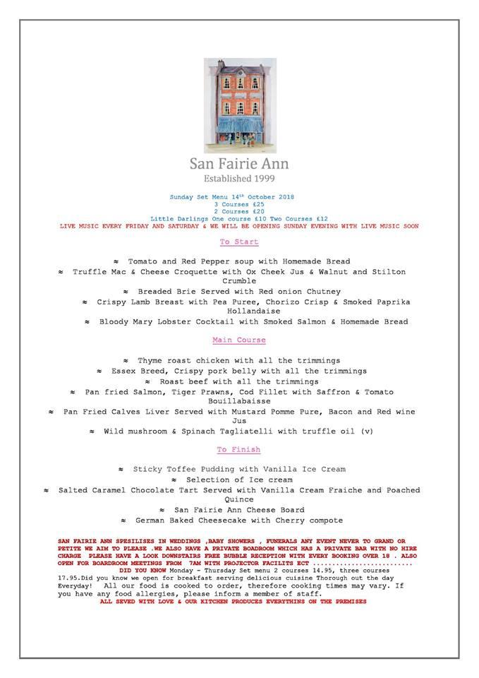 Menu at San Fairie Ann restaurant, Southend-on-Sea