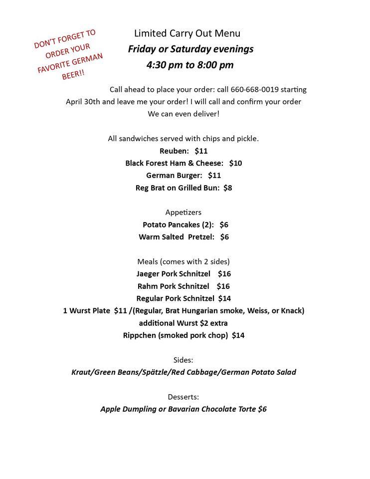 Menu at The German Table restaurant, Cole Camp