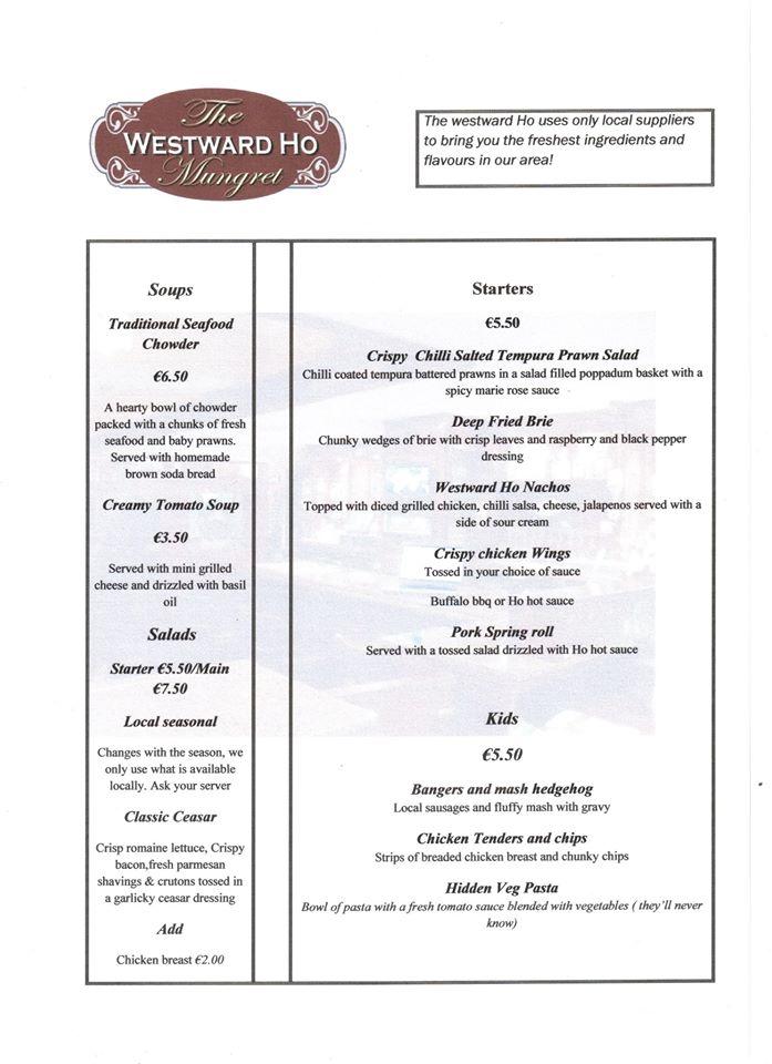 Menu at Westward Ho Bar & Restaurant, Mungret