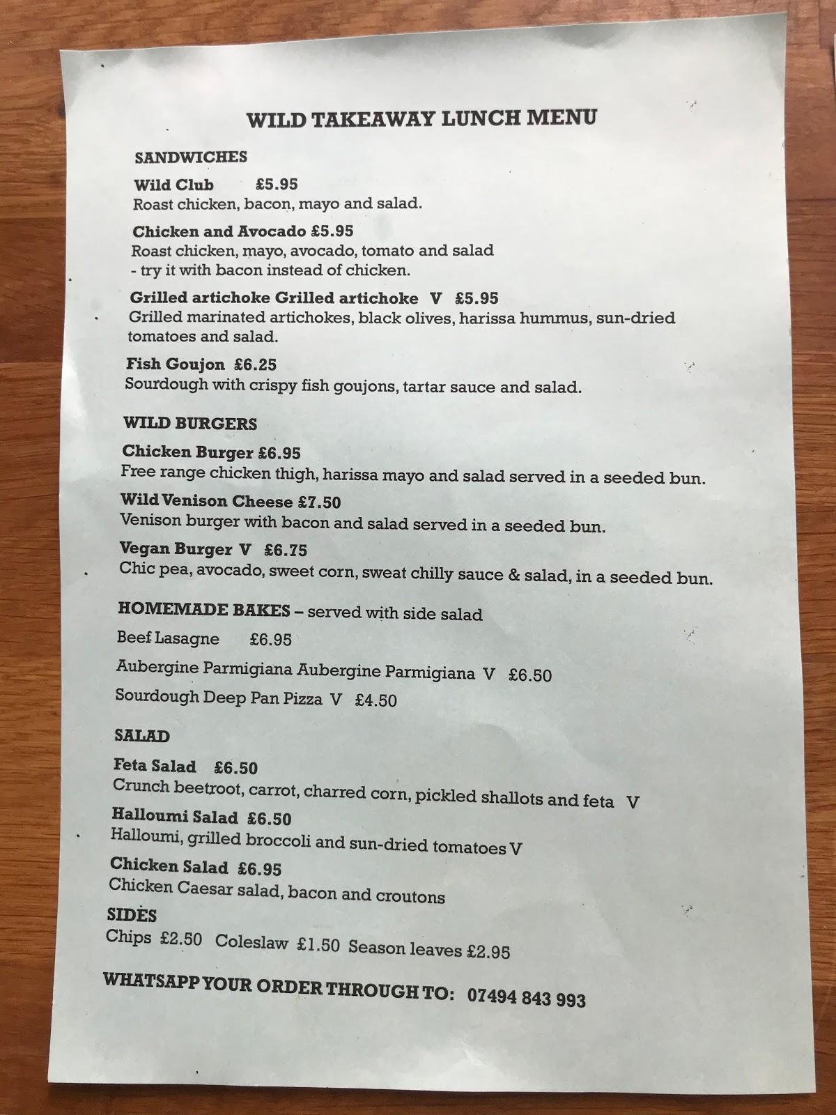 Menu at Wild Cafe, Bath