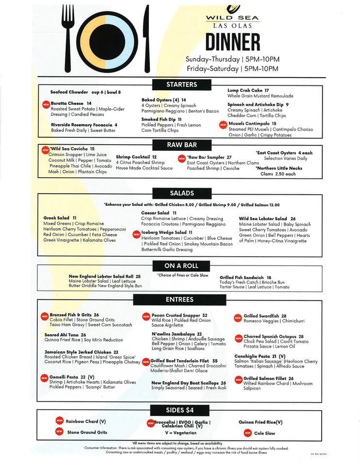 Menu at Wild Sea Las Olas pub & bar, Fort Lauderdale