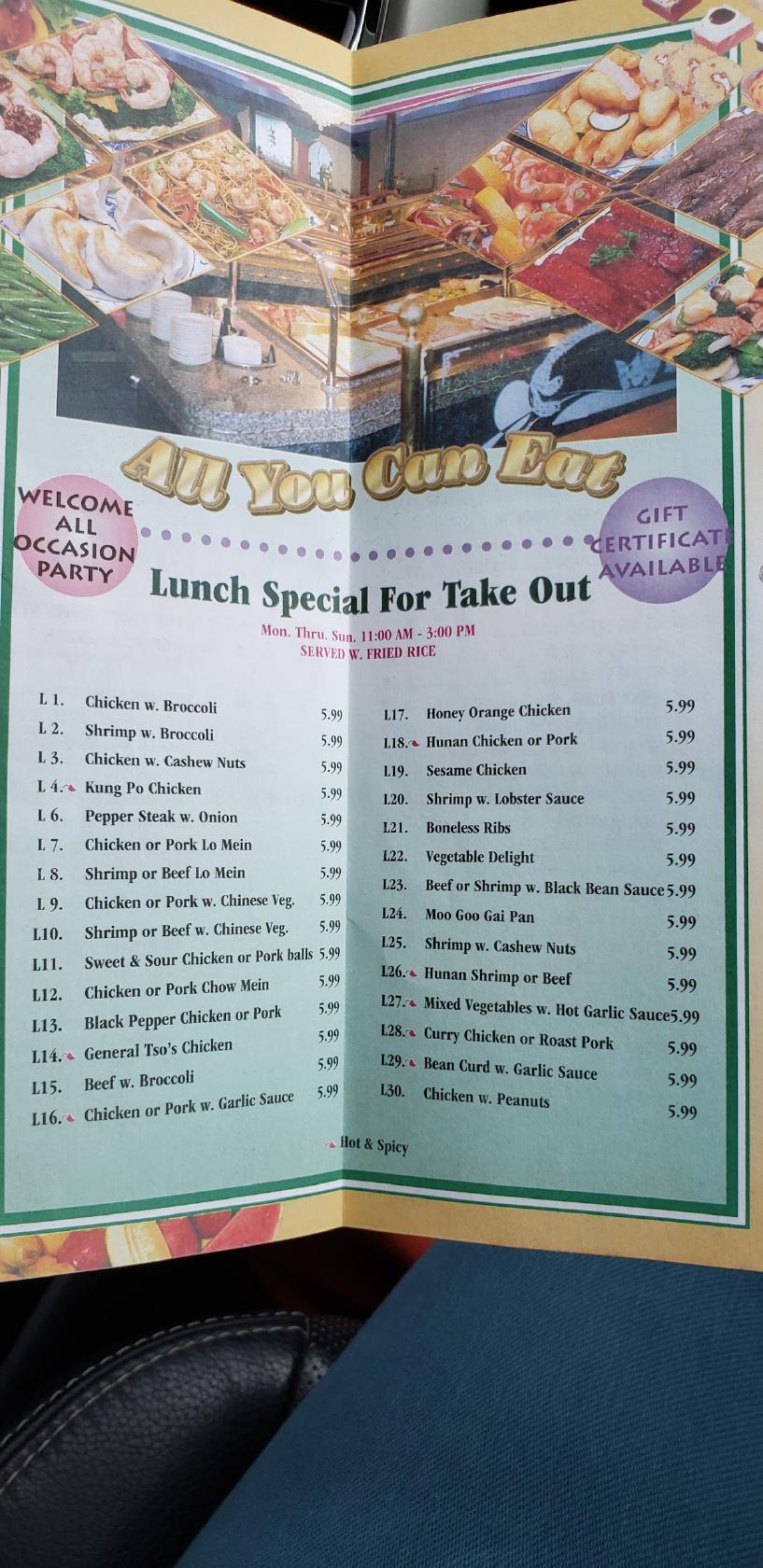Menu at A 1 Buffet restaurant, Gouverneur