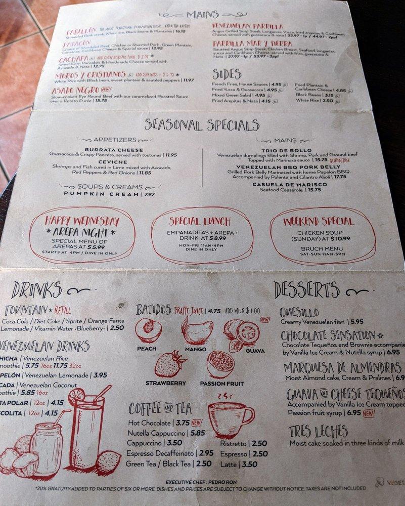 Carta de BienMeSabe Venezuelan Cafe & Restaurant, Chicago, W Montrose Ave
