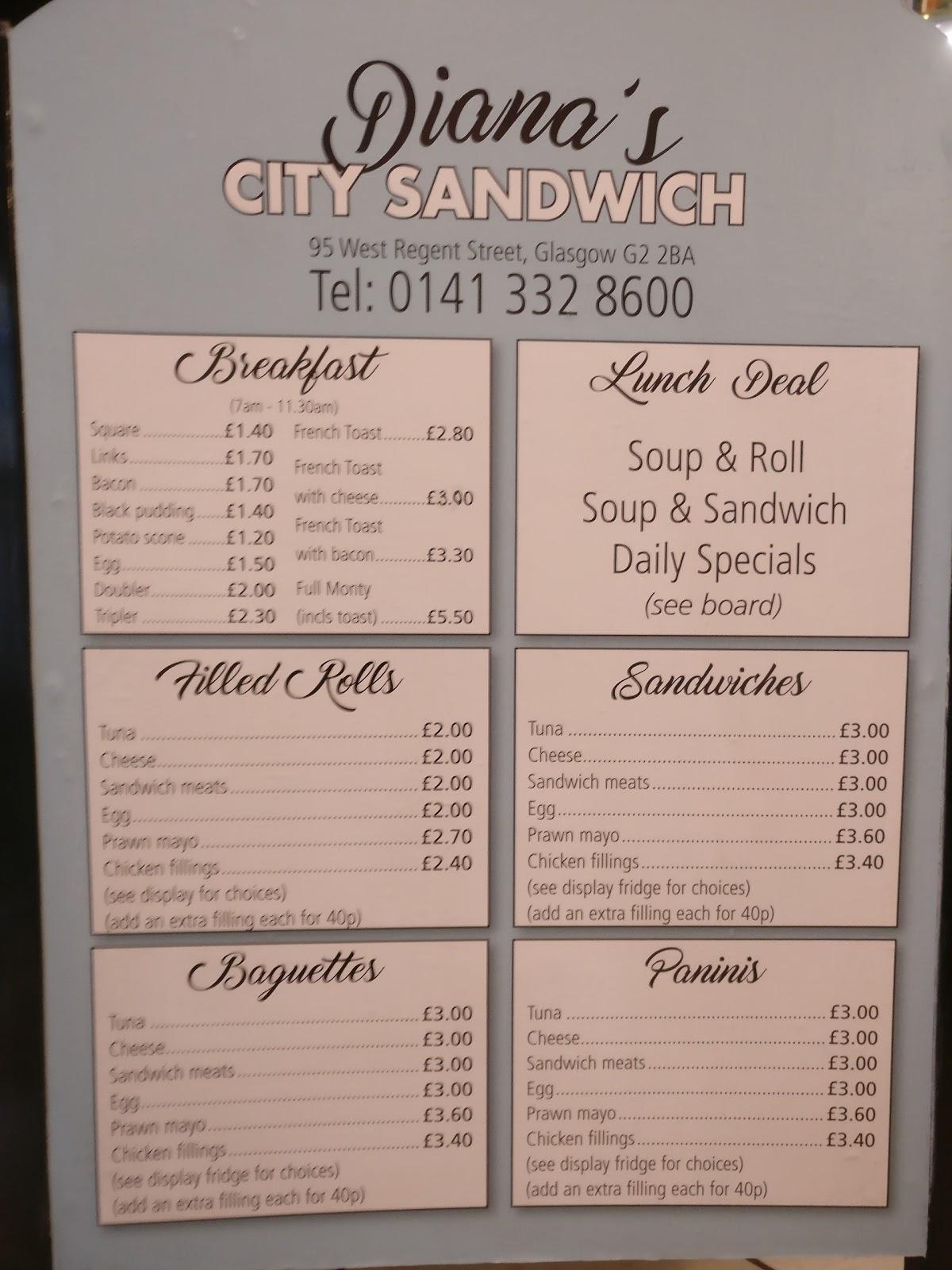 Menu at City Sandwich fast food, Glasgow