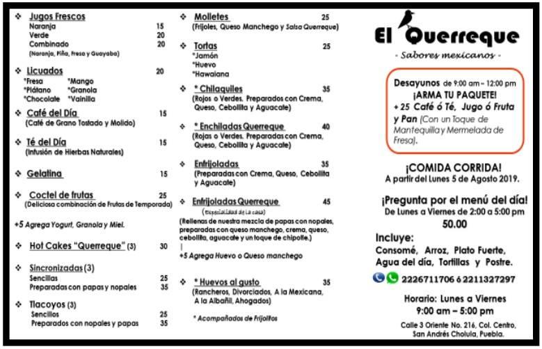 Carta del restaurante El Querreque, Cholula, Calle 3 Oriente 216 Col. Centro