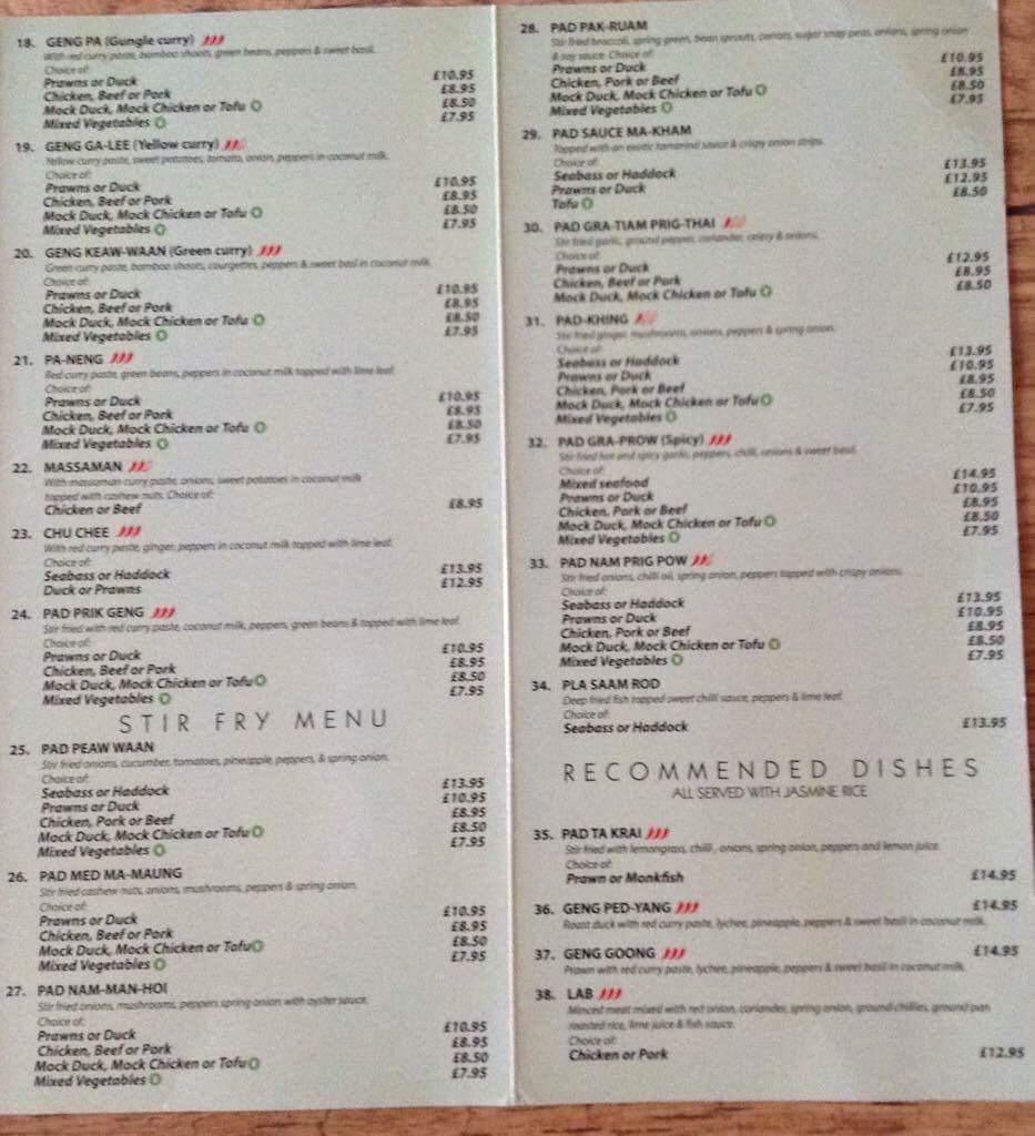 Menu at Paw Thai restaurant, Cleethorpes