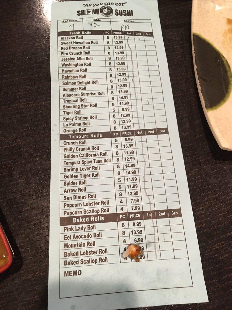 Menu at Show Sushi restaurant, San Dimas