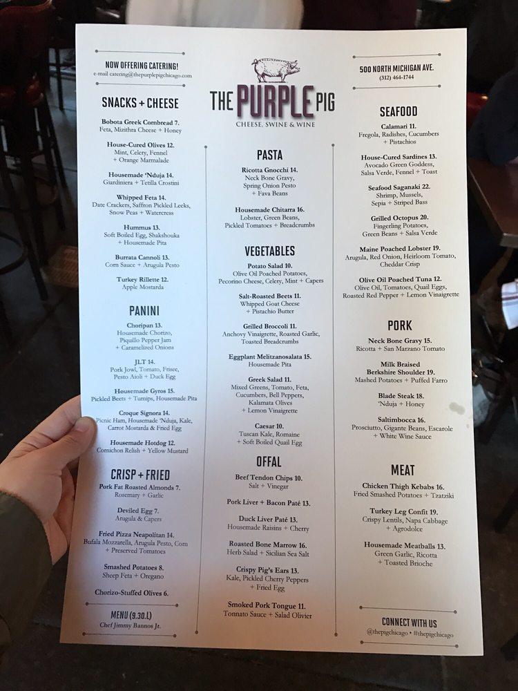 Menu at The Purple Pig Restaurant, Chicago, 444 Michigan Ave