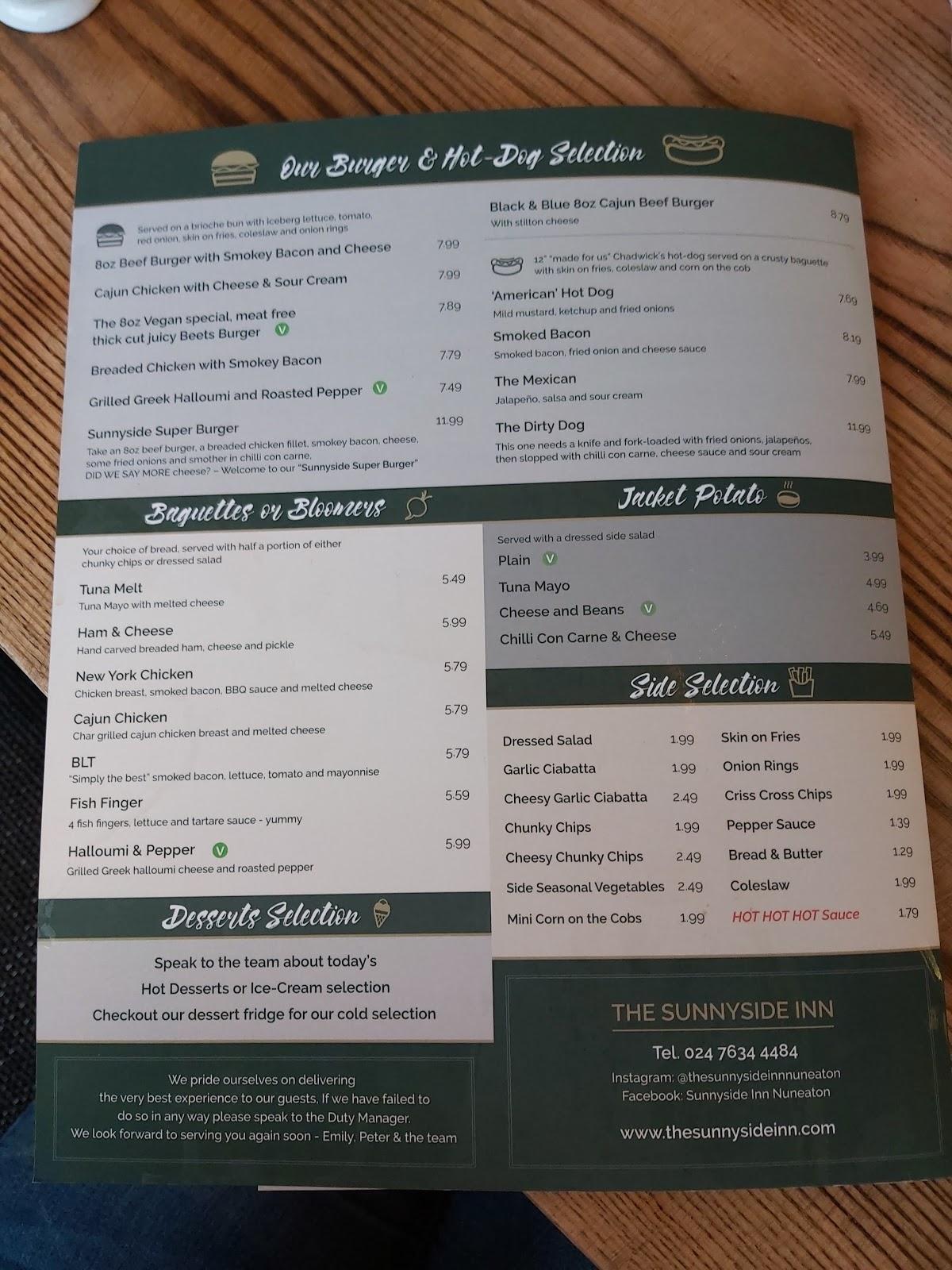 Menu at The Sunnyside Inn pub & bar, Nuneaton