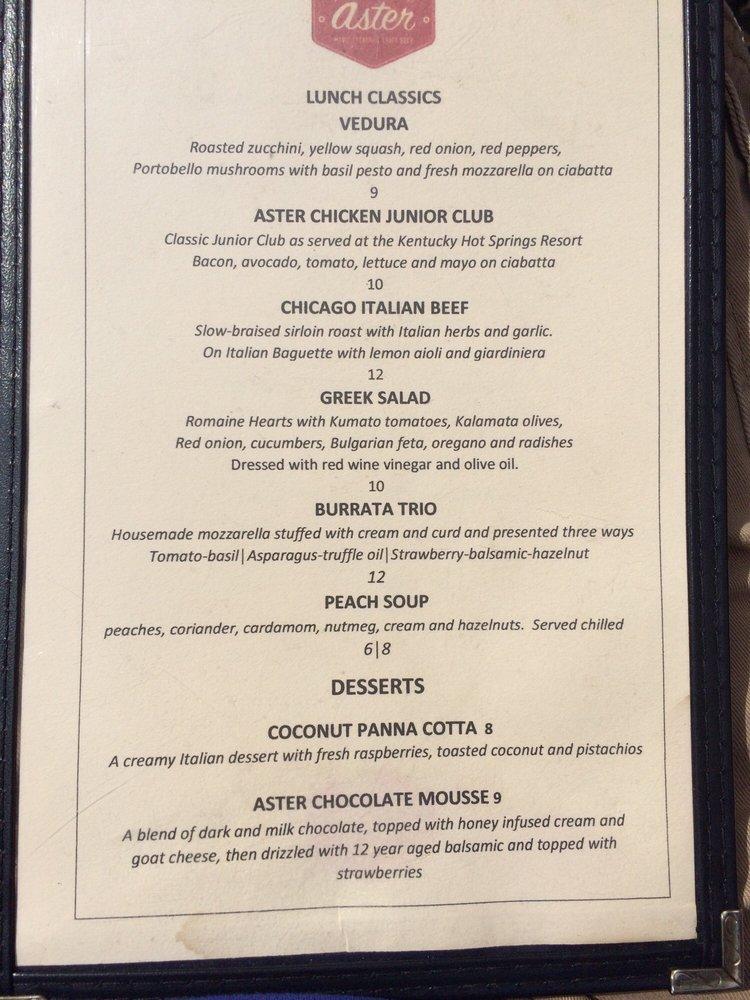 Menu at Aster Cafe, Minneapolis