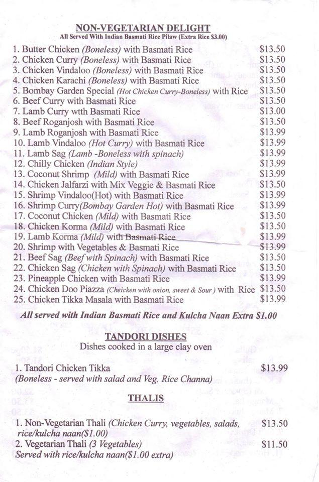 Menu at Bombay Garden Indian Cuisine restaurant, Ottawa