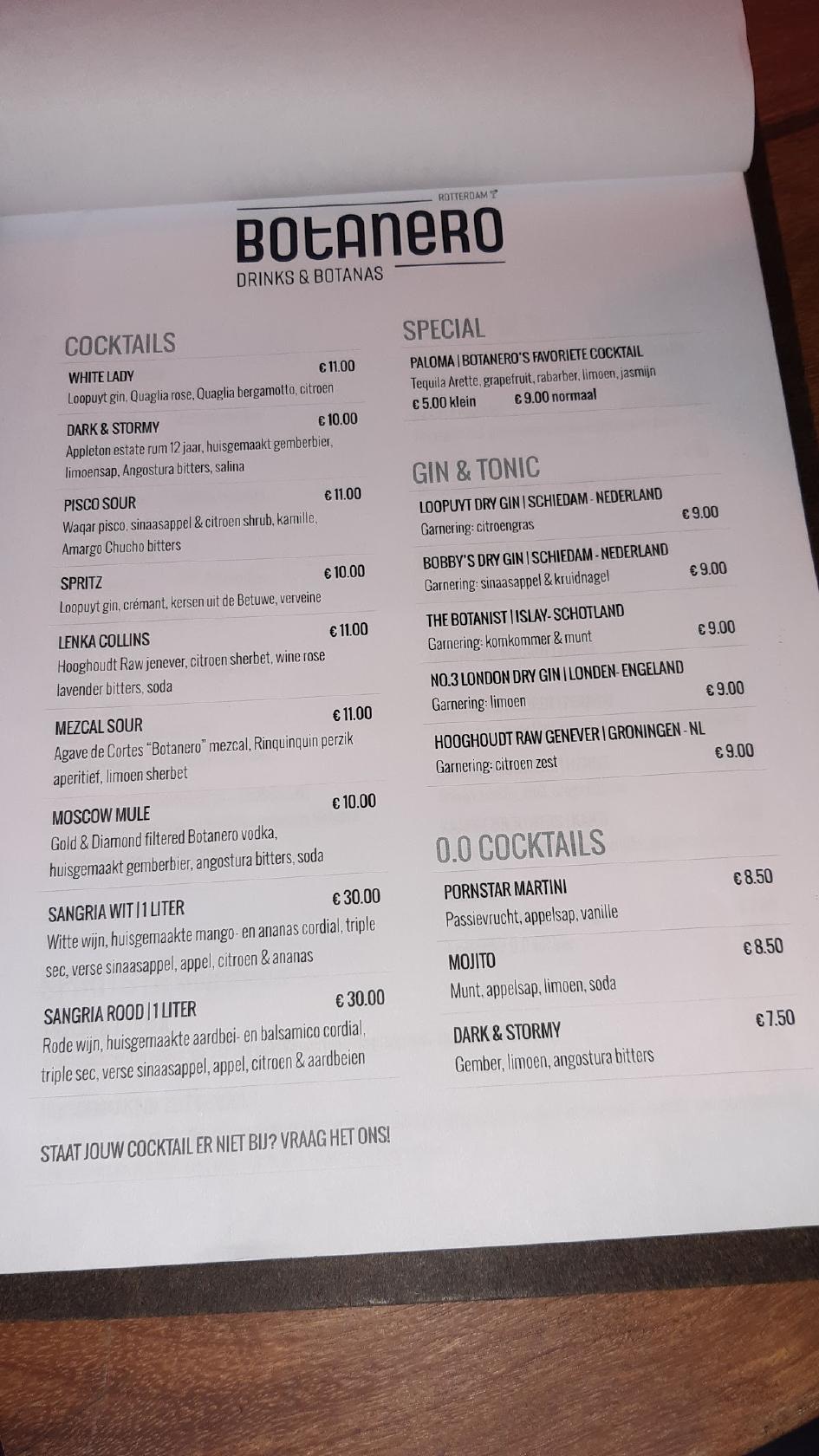 Speisekarte von Cocktailbar & Restaurant Botanero, Rotterdam