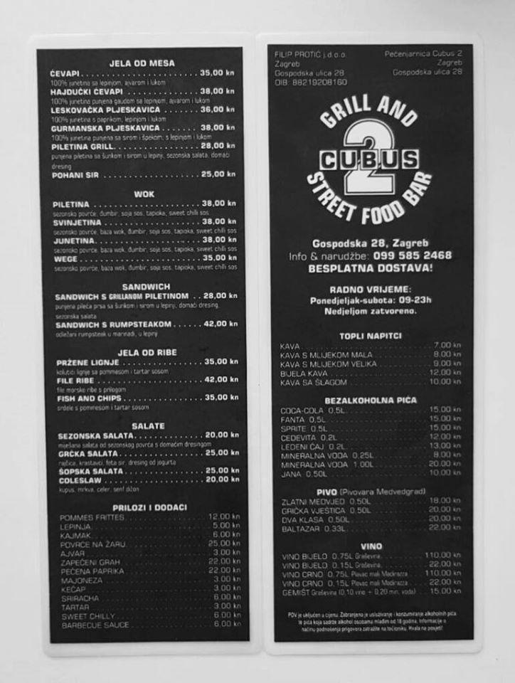 Menu at Cubus 2 pub & bar, Zagreb