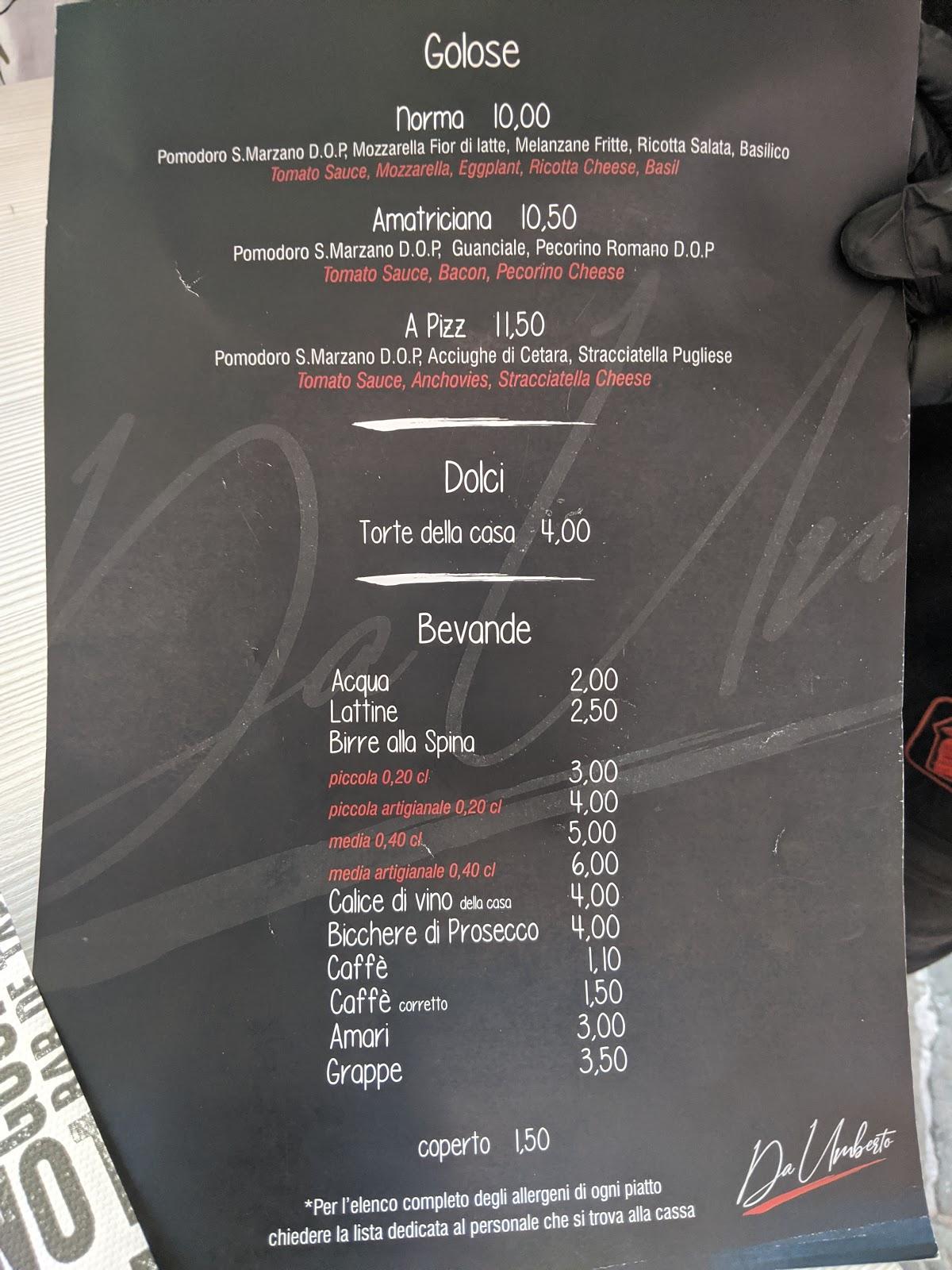Menu at Da Umberto la pizzeria contemporanea, Lucca