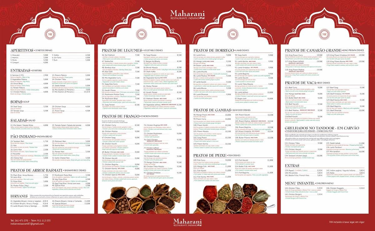 Menu at Maharani (Praia da Areia Branca) restaurant, Lourinhã, Largo do ...