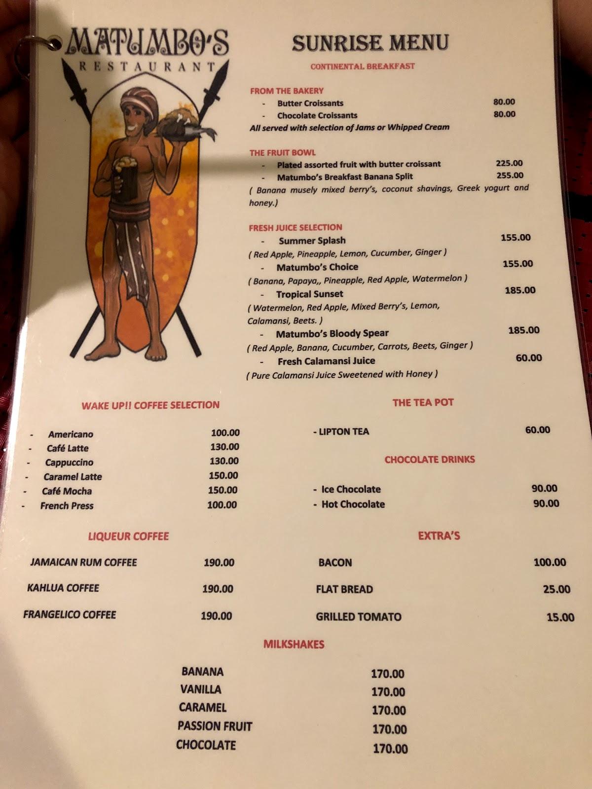 Menu at Matumbo's Restaurant, Lapu-Lapu City