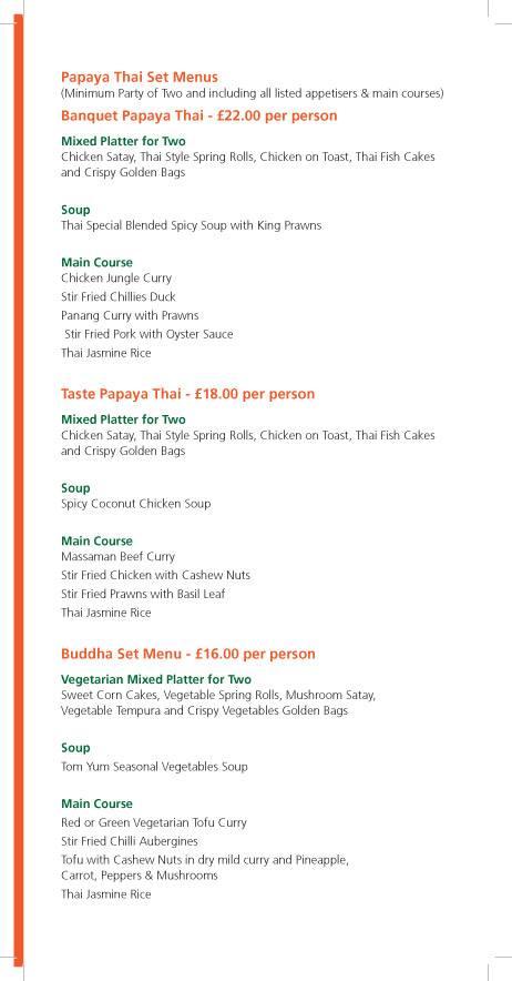 Menu at Papaya Thai restaurant, Derby