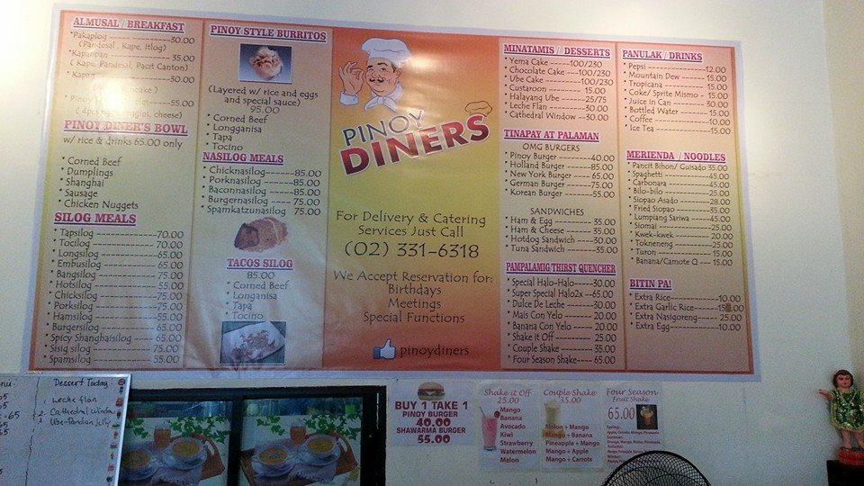 Menu at Pinoy Diners restaurant, Las Pinas
