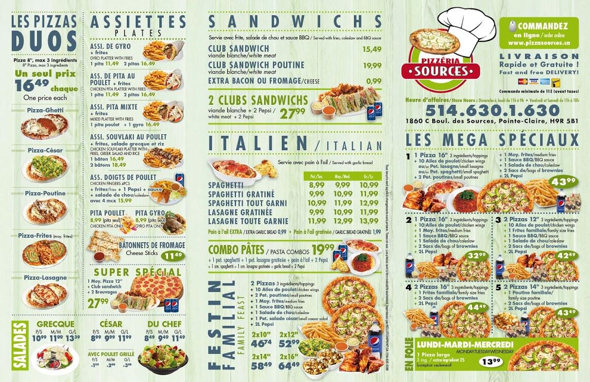 Carta del restaurante Pizza Des Sources, Pointe-Claire