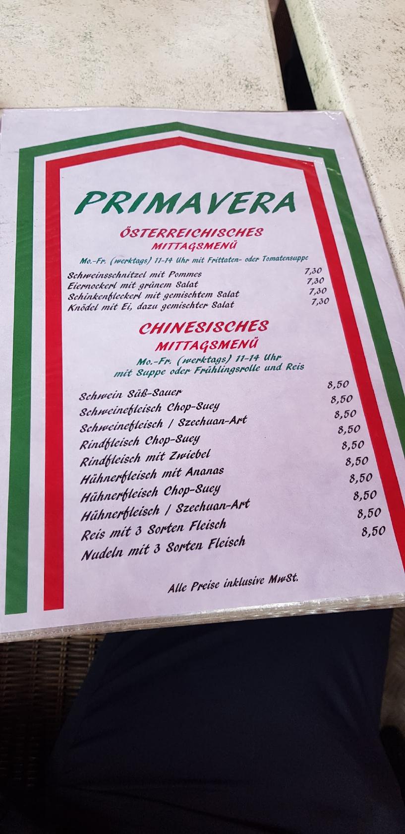 Menu at Pizzeria Primavera Wien, Vienna