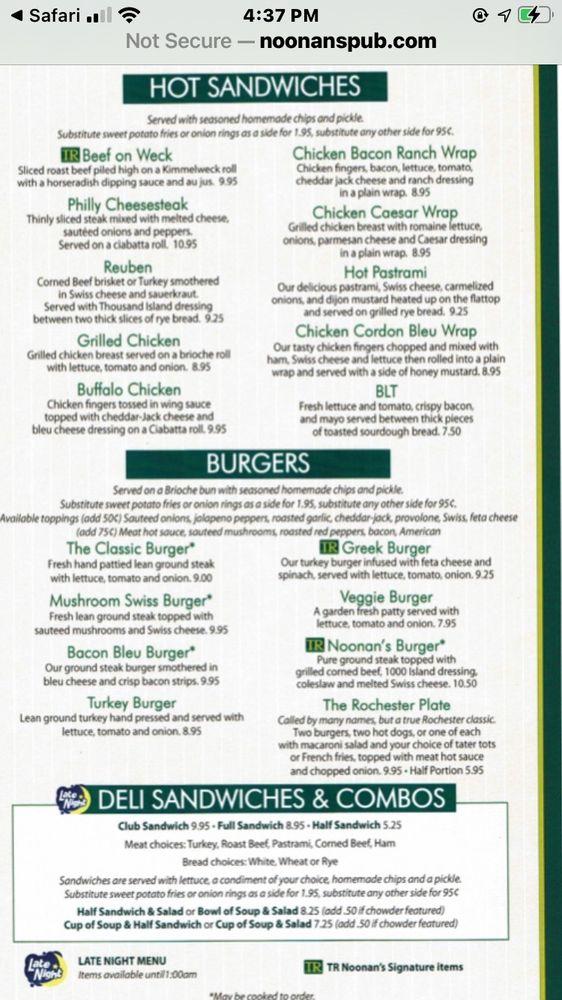 Menu at TJ Noonan's pub & bar, Fairport
