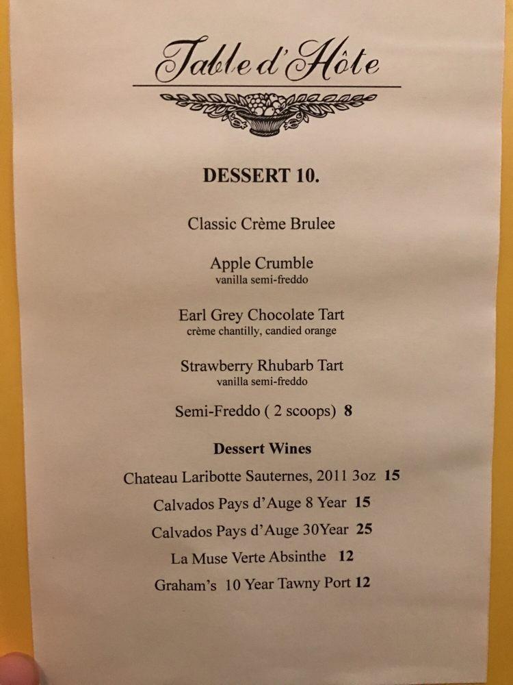 Menu at Table d'Hôte restaurant, New York City