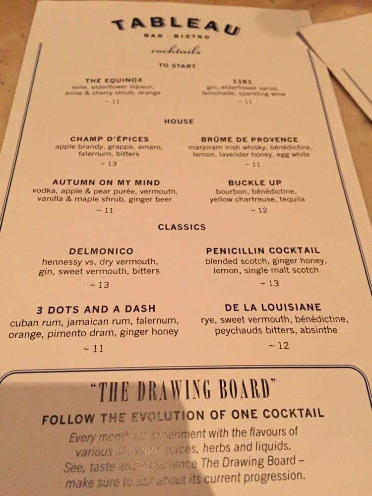 Menu at Tableau Bar Bistro, Vancouver
